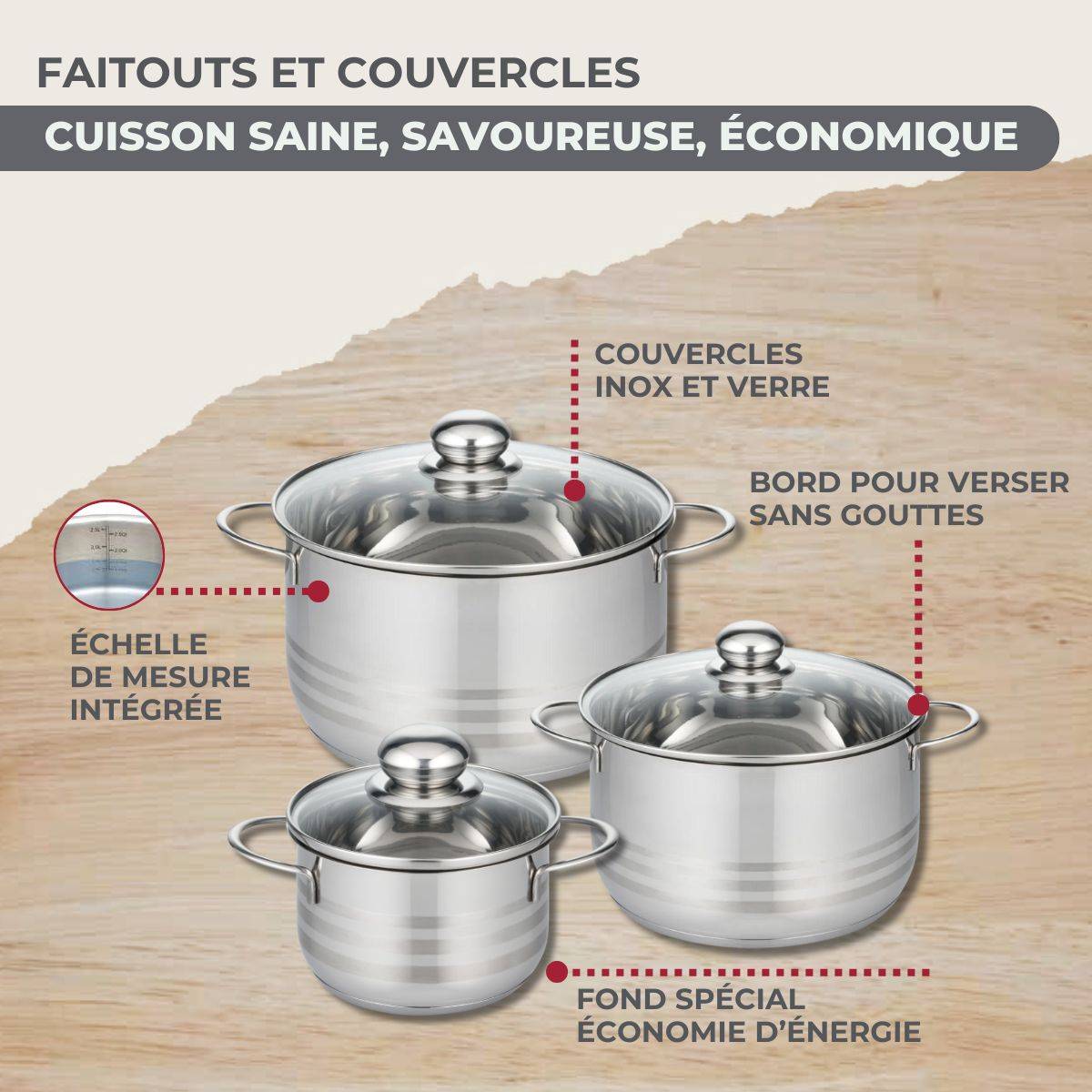 Lot de 2 Poêles 20/28cm et 3 Faitouts 16/20/24cm Fackelmann Généva avec ...