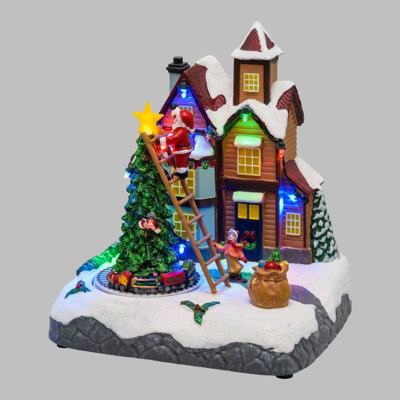 Village de noël lumineux animé Père Noël sur échelle et Petit Train ...