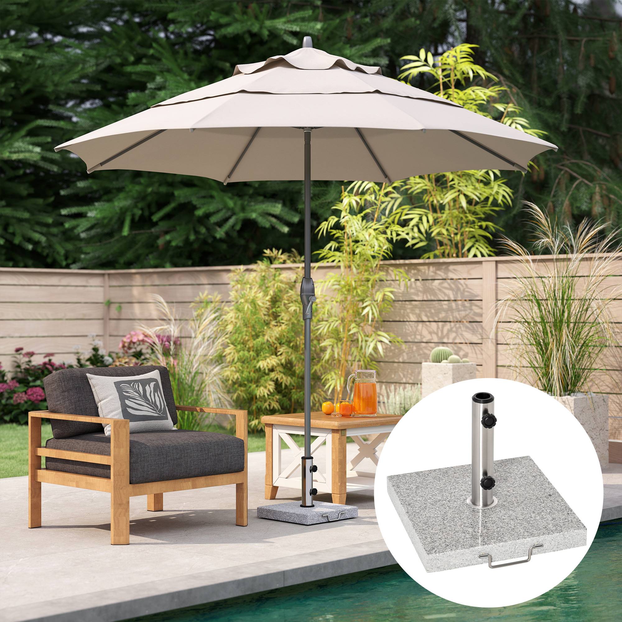 Pied de Parasol Carré 25 kg en Granit, Tube Acier Inox Ø 35/38/48 mm ...