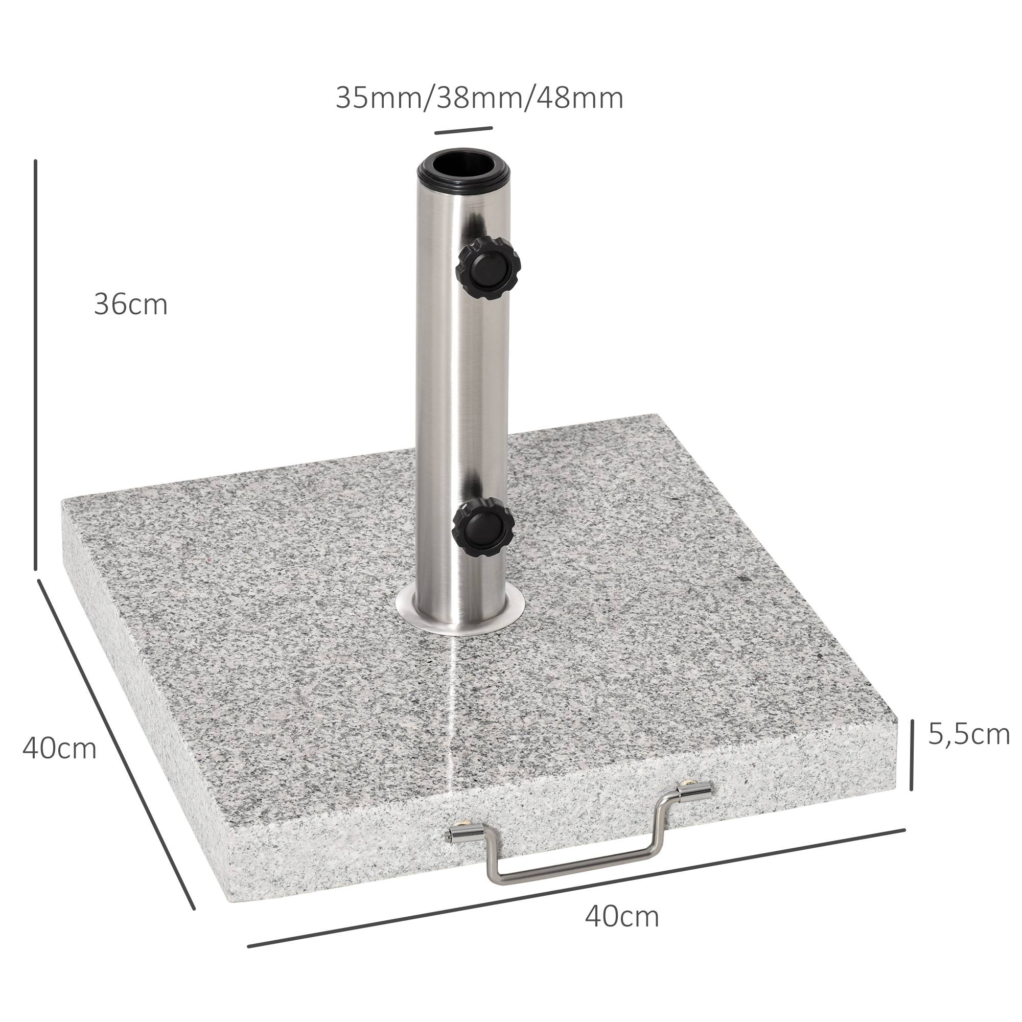 Pied de Parasol Carré 25 kg en Granit, Tube Acier Inox Ø 35/38/48 mm ...