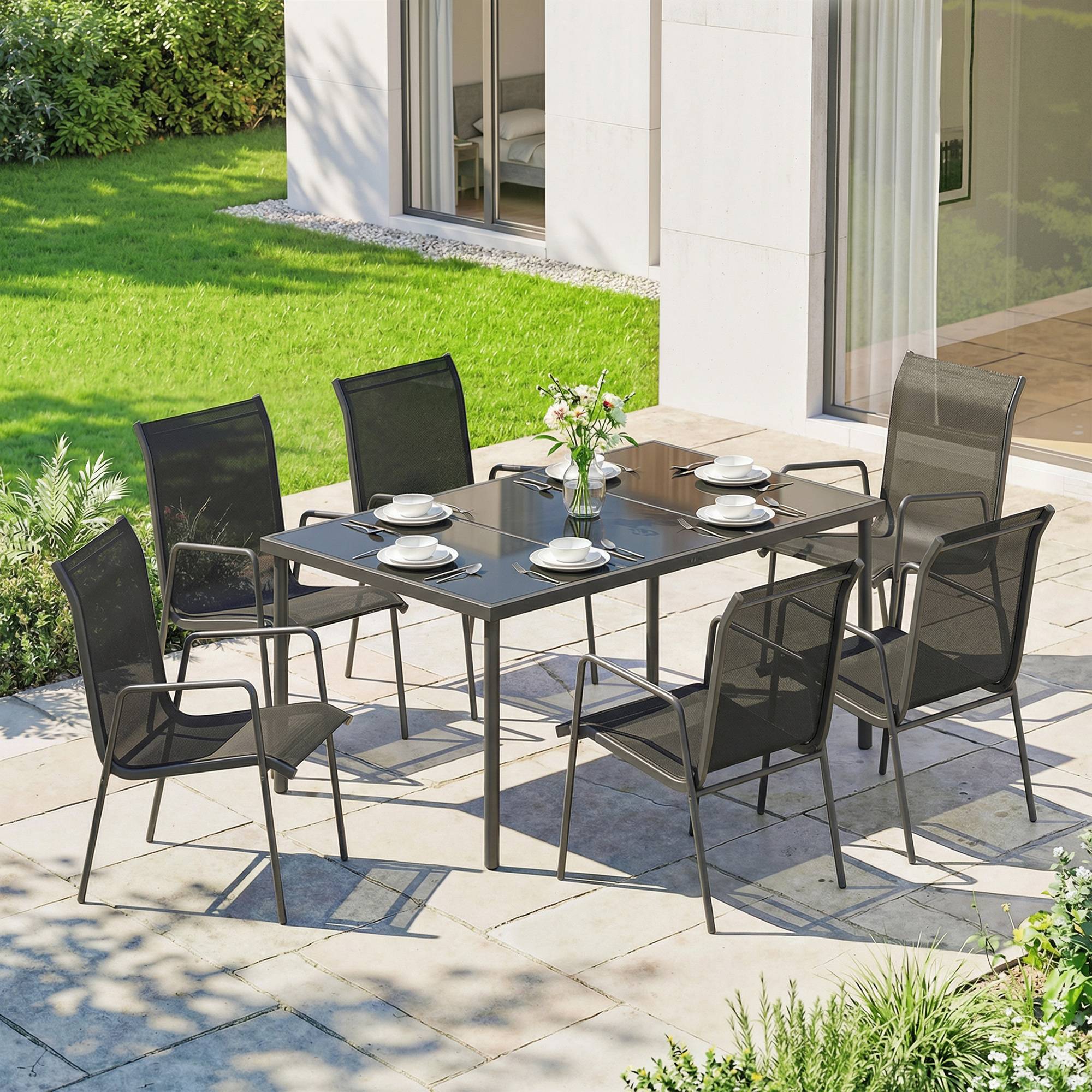 Salon de jardin 7 pièces métal terrasse plateau verre 150cm noir ...