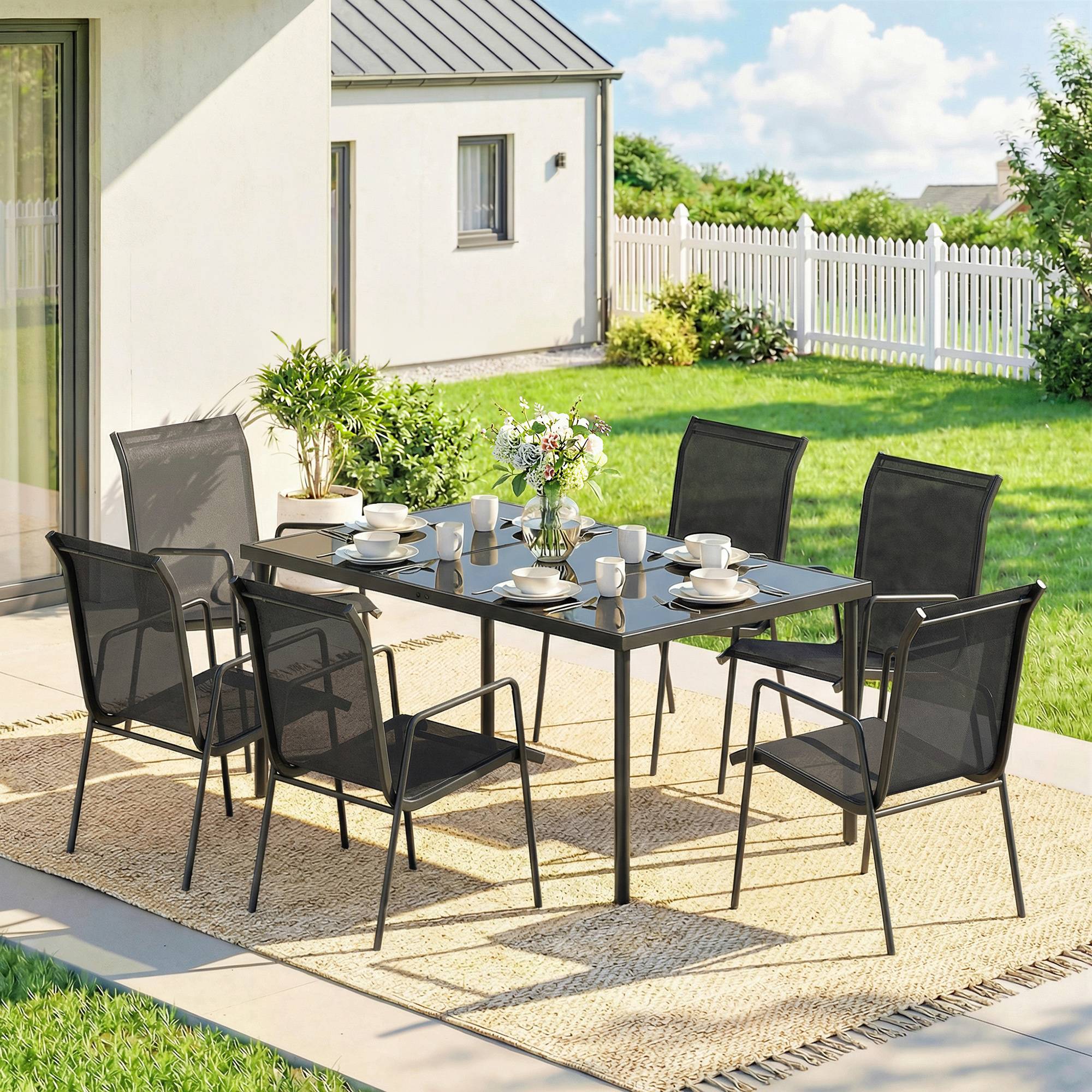 Salon de jardin 7 pièces métal terrasse plateau verre 150cm noir ...