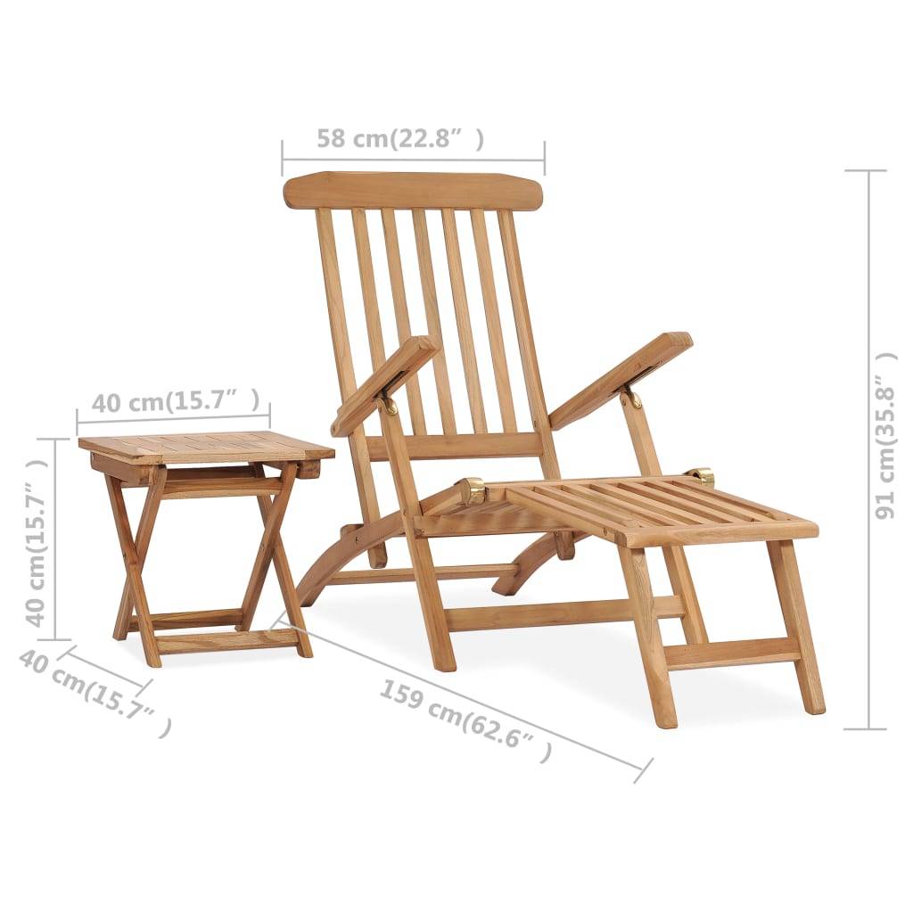 Chaise longue de jardin bois de teck avec repose-pied et table 159 x 58 ...