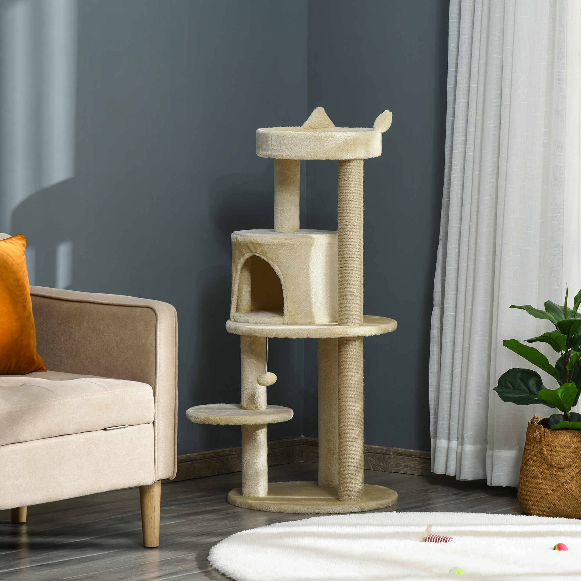 Arbre à chat 104 cm, avec plateformes, abri, poteaux en sisal et balle ...