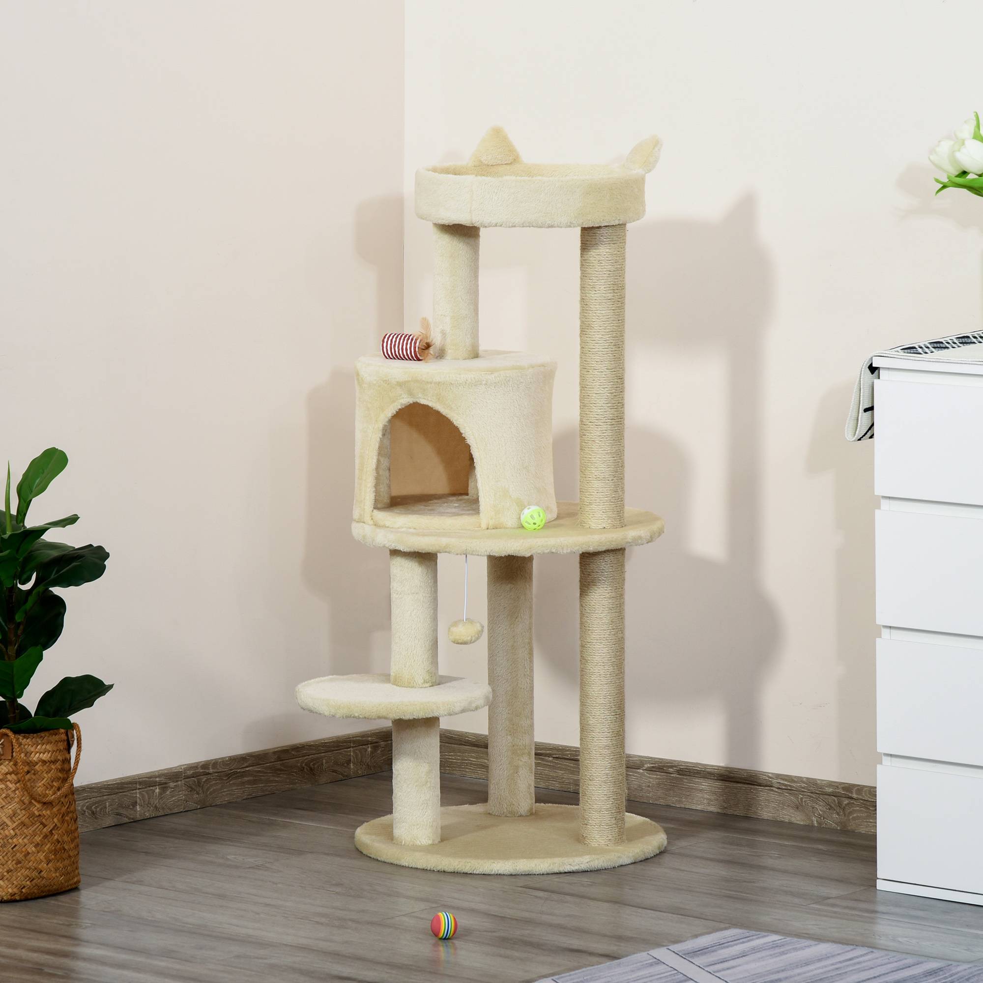 Arbre à chat 104 cm, avec plateformes, abri, poteaux en sisal et balle ...