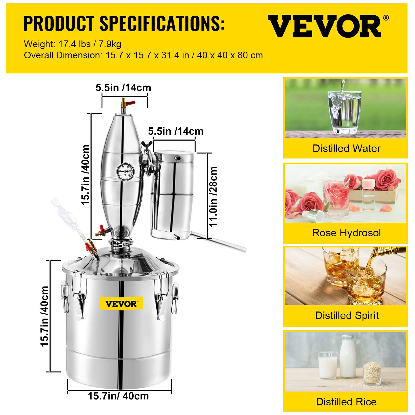 VEVOR Distillateur d'eau 50L, alambic inox, kit fermenteur 12.5kg ...