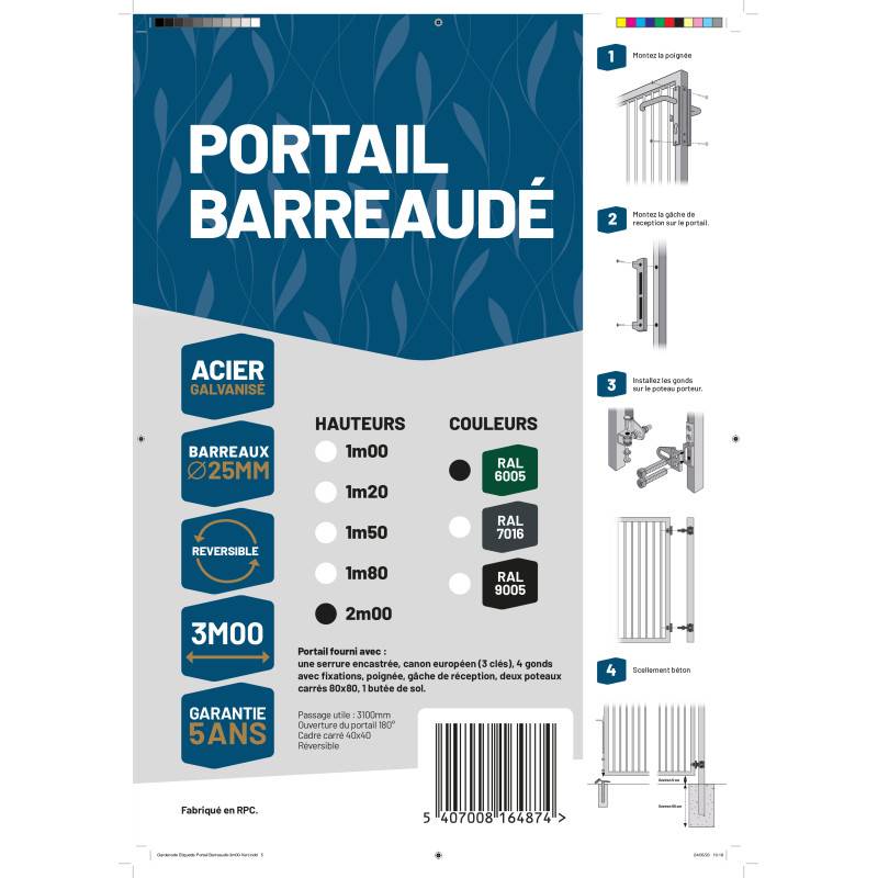 Portail barreaudé acier galvanisé passage 3m00 H 2m00 Vert - Easy ...