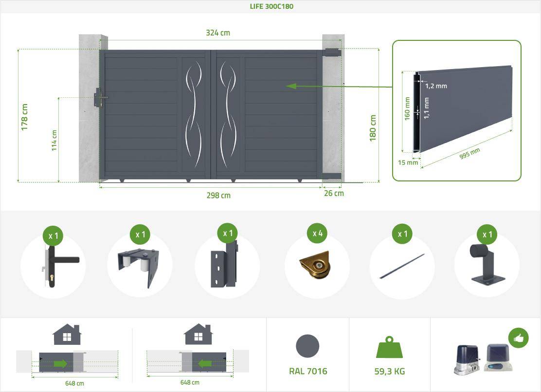 Casanoov Portail coulissant 3 m LIFE H.180 cm aluminium gris - Gamm vert