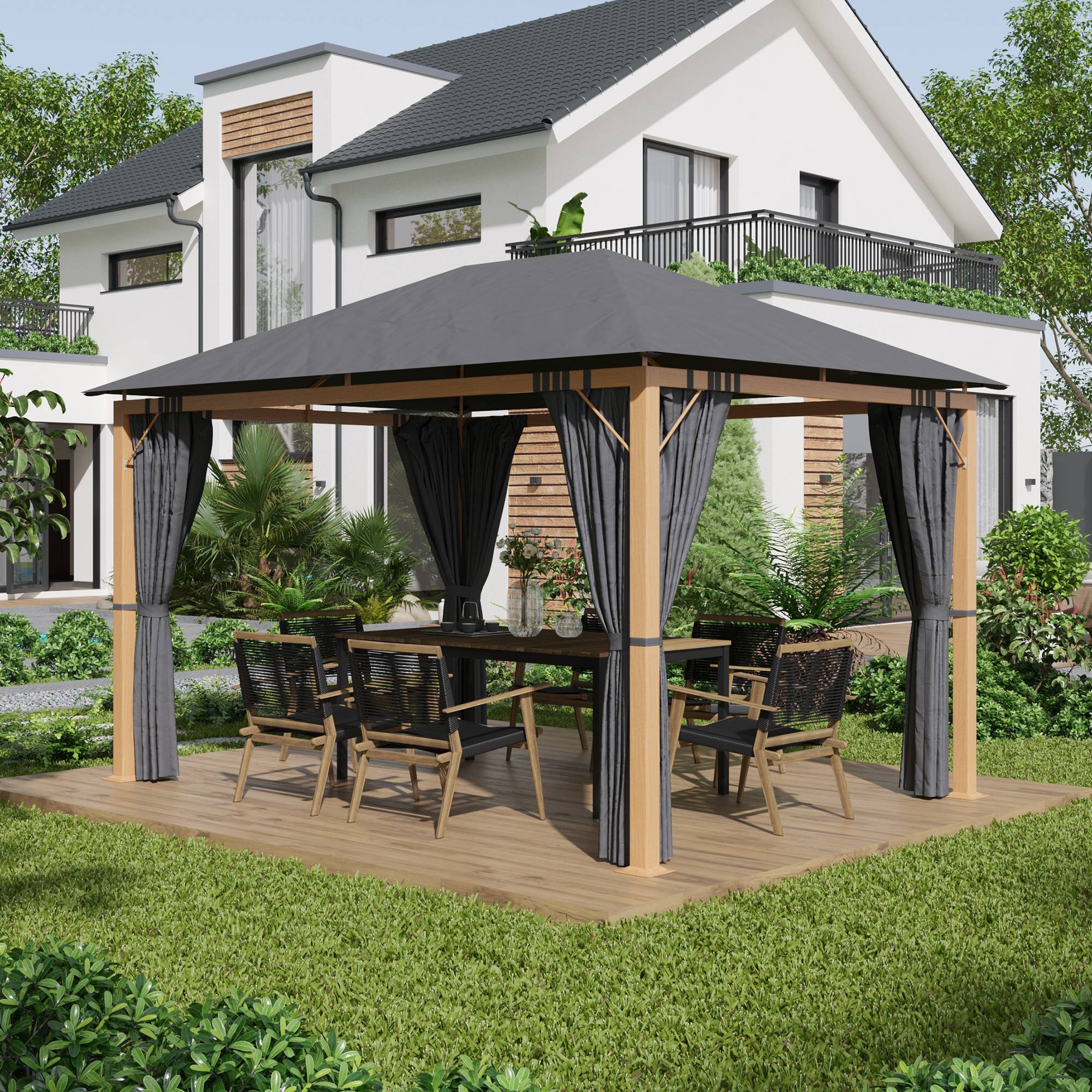 Tonnelle de jardin rectangulaire avec rideaux et toile de toit en ...