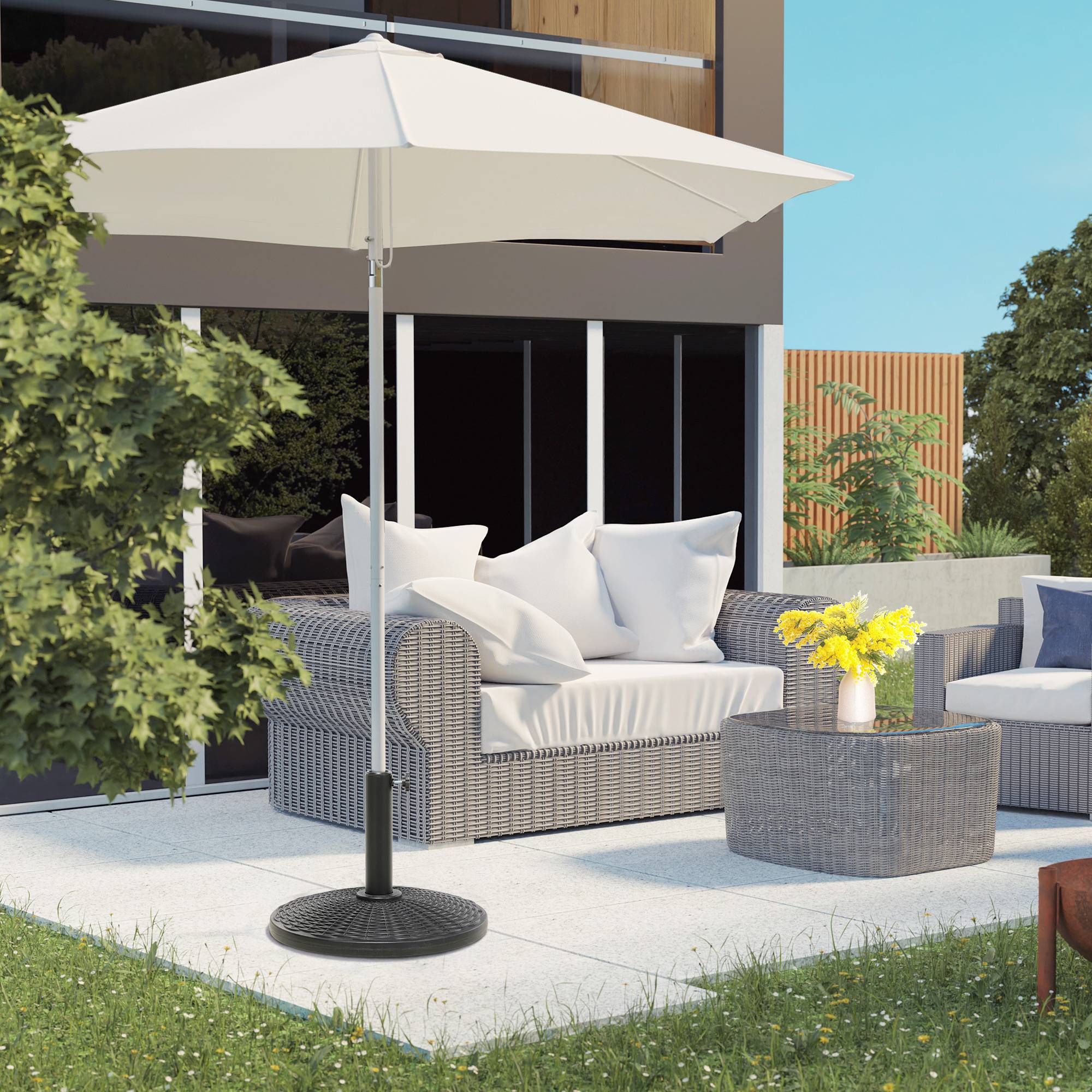 Pied Parasol Rond Plastique Ciment Terrasse Design Rotin 44cm Marron ...