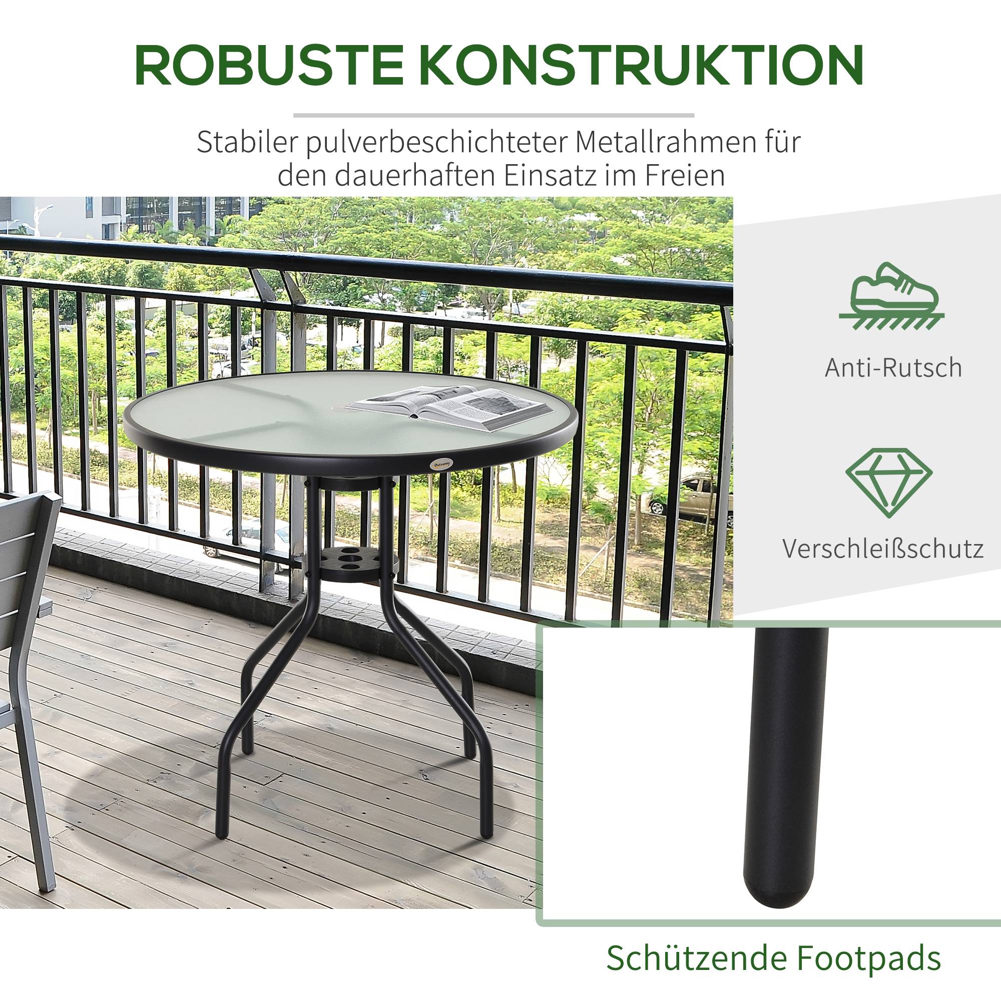 Table bistrot trou parasol Ø80cm verre trempé métal noir jardin ...