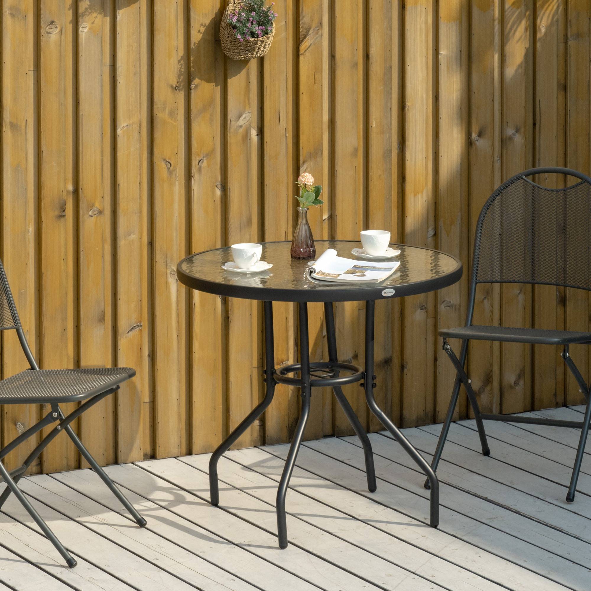 Table à manger de jardin ronde métal verre trempé trou parasol Ø80x72cm ...