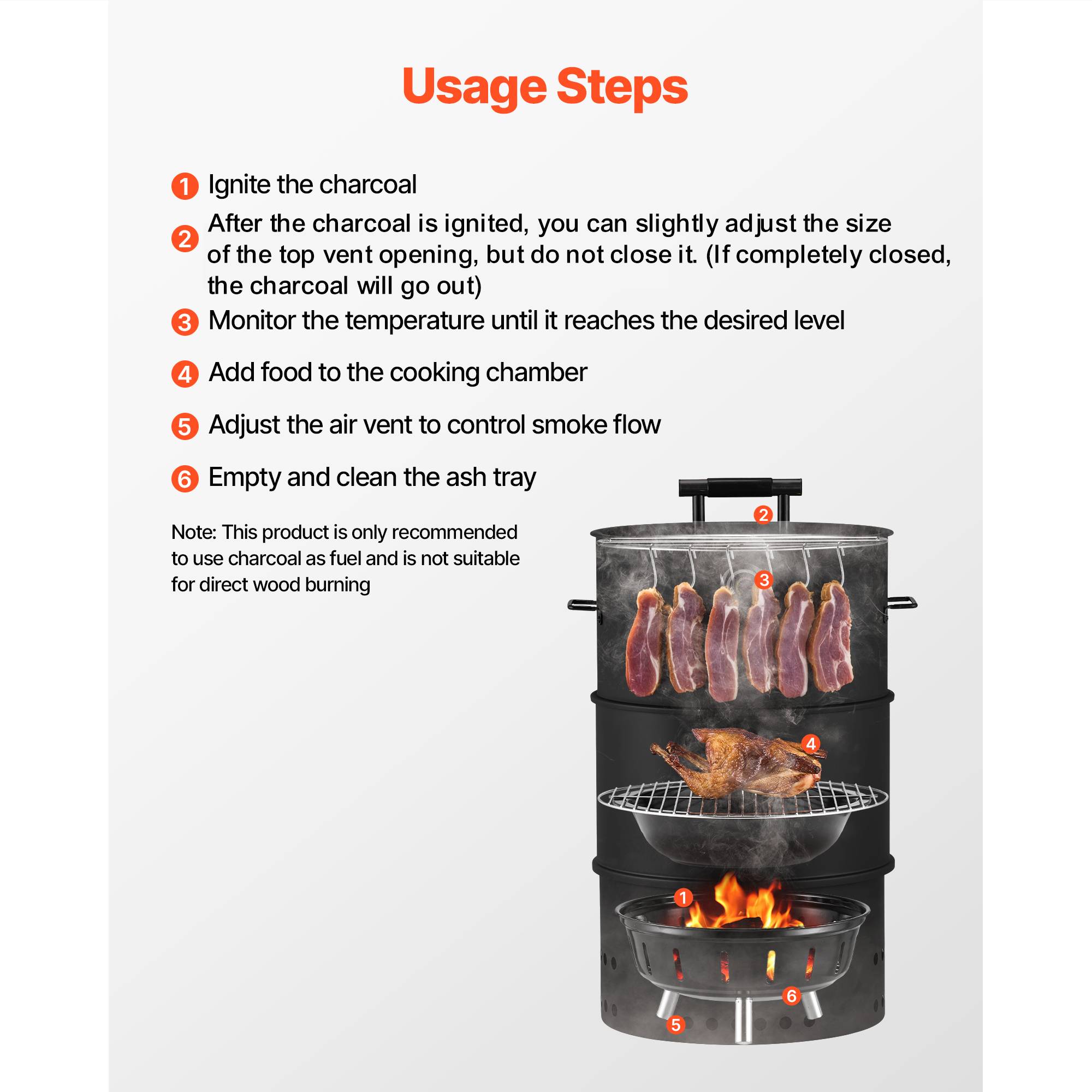 VEVOR Fumoir à Charbon Barbecue à Charbon Bois Vertical 470 mm avec 2 ...