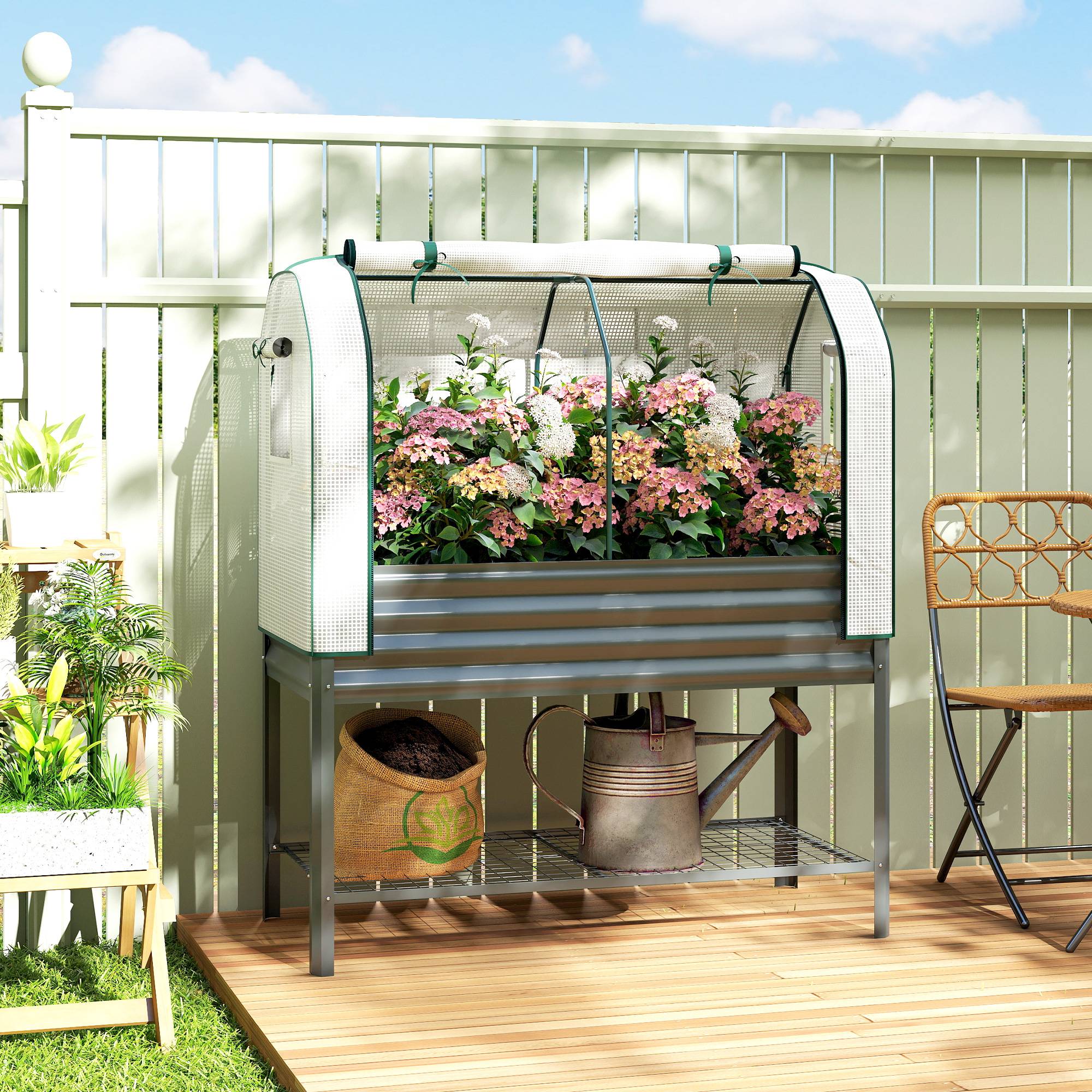Potager sur pied avec serre acier galvanisé gris 120 x 55 x 140 cm ...