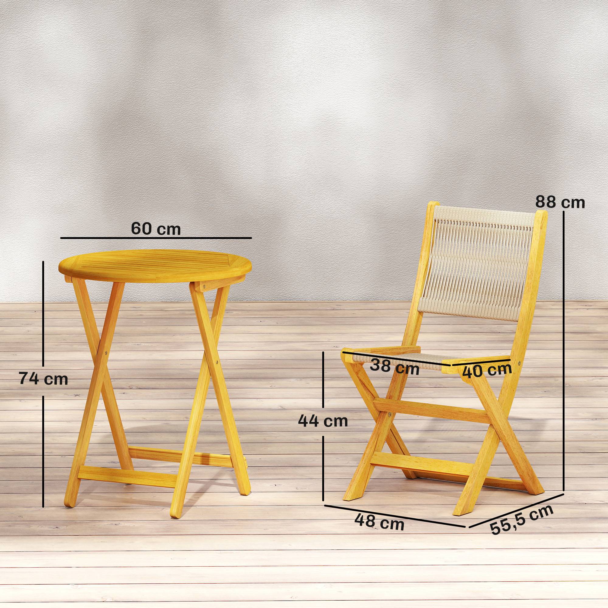 Salon jardin bistro bois acacia pour balcon chaises cordage pliables ...