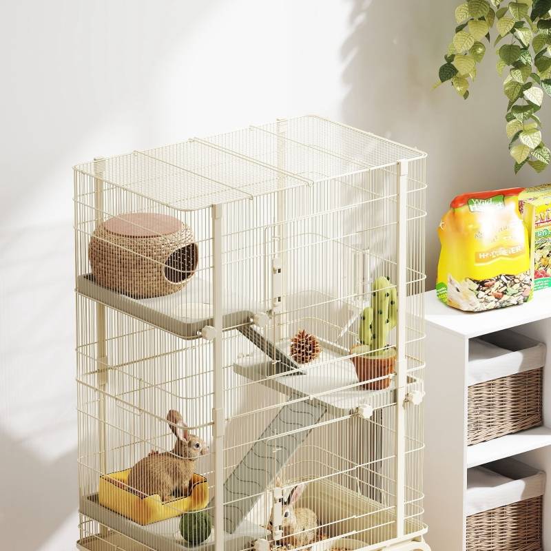 Cage Furet Rongeur Métal 4 Niveaux Roulettes Accessoires Beige 120cm ...