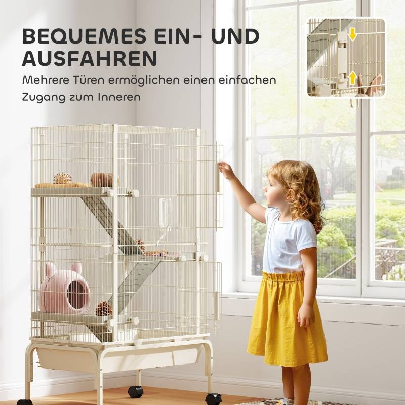 Cage Furet Rongeur Métal 4 Niveaux Roulettes Accessoires Beige 120cm ...