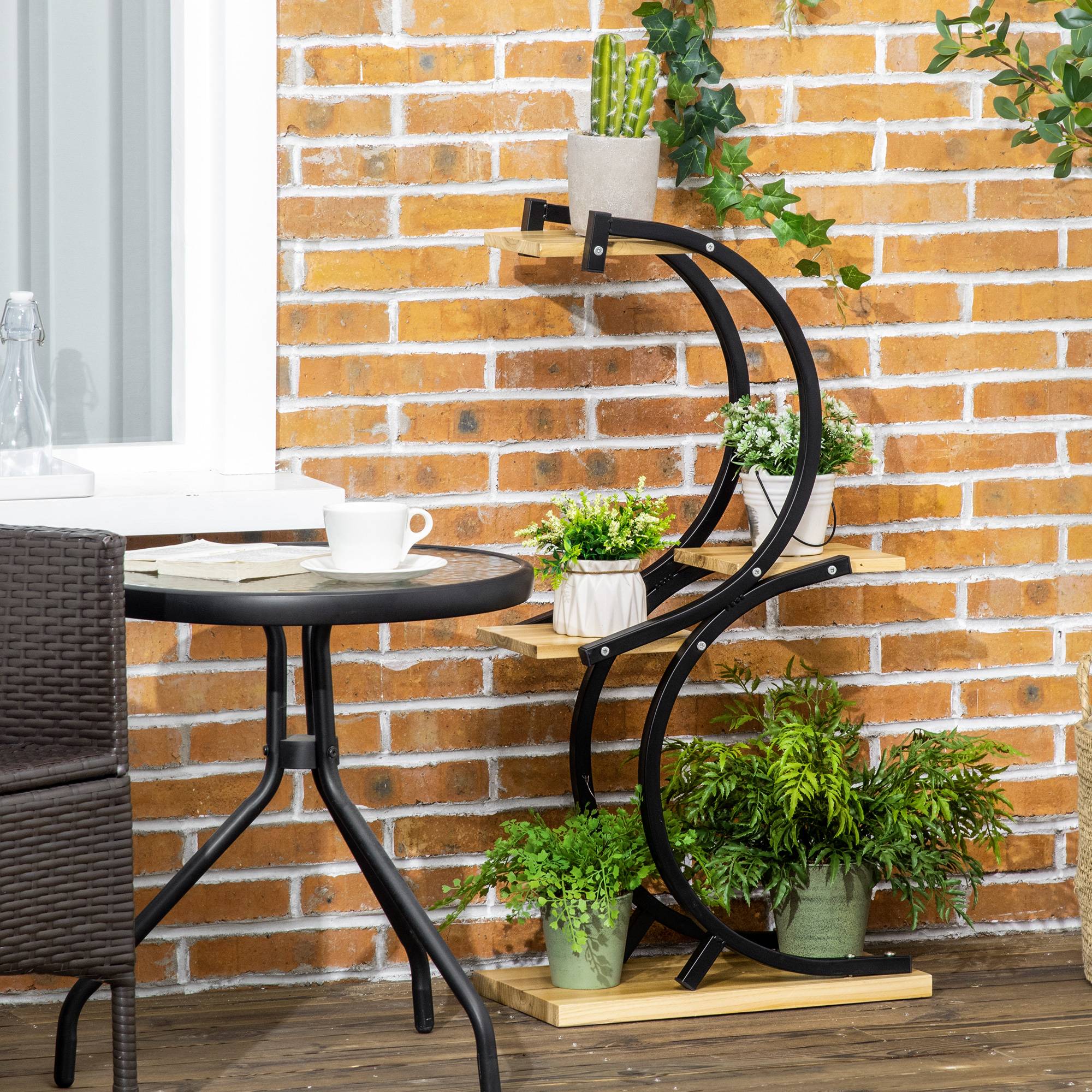 Support à plantes bois massif et métal noir et naturel 46 x 25 x 91 cm ...