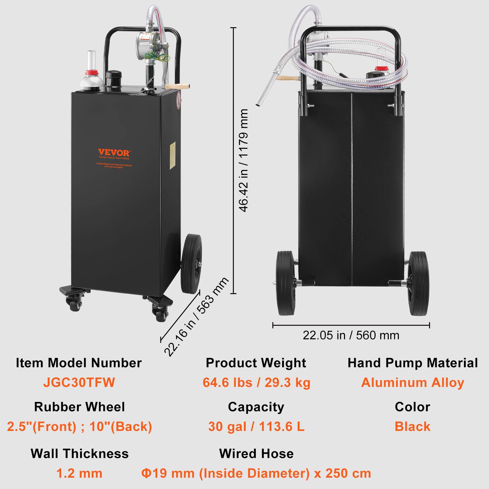 VEVOR Chariot carburant 30 gallons, 4 roues, pompe manuelle. Essence ...