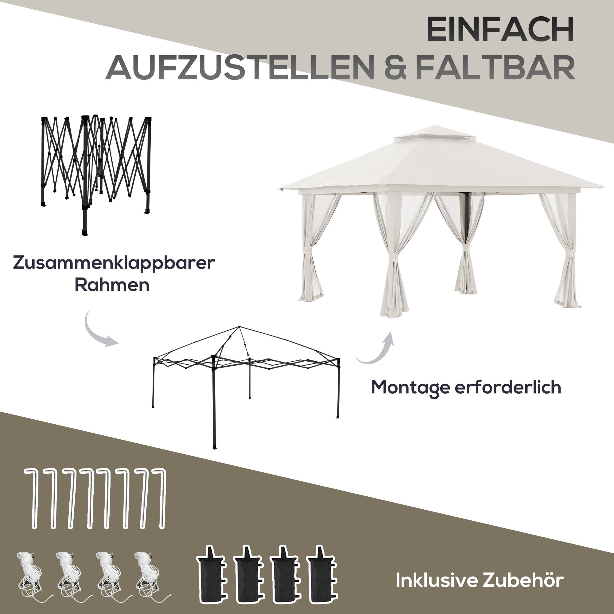 Kiosque 4x4 m blanc crème hauteur réglable anti-UV double toit, 4 ...