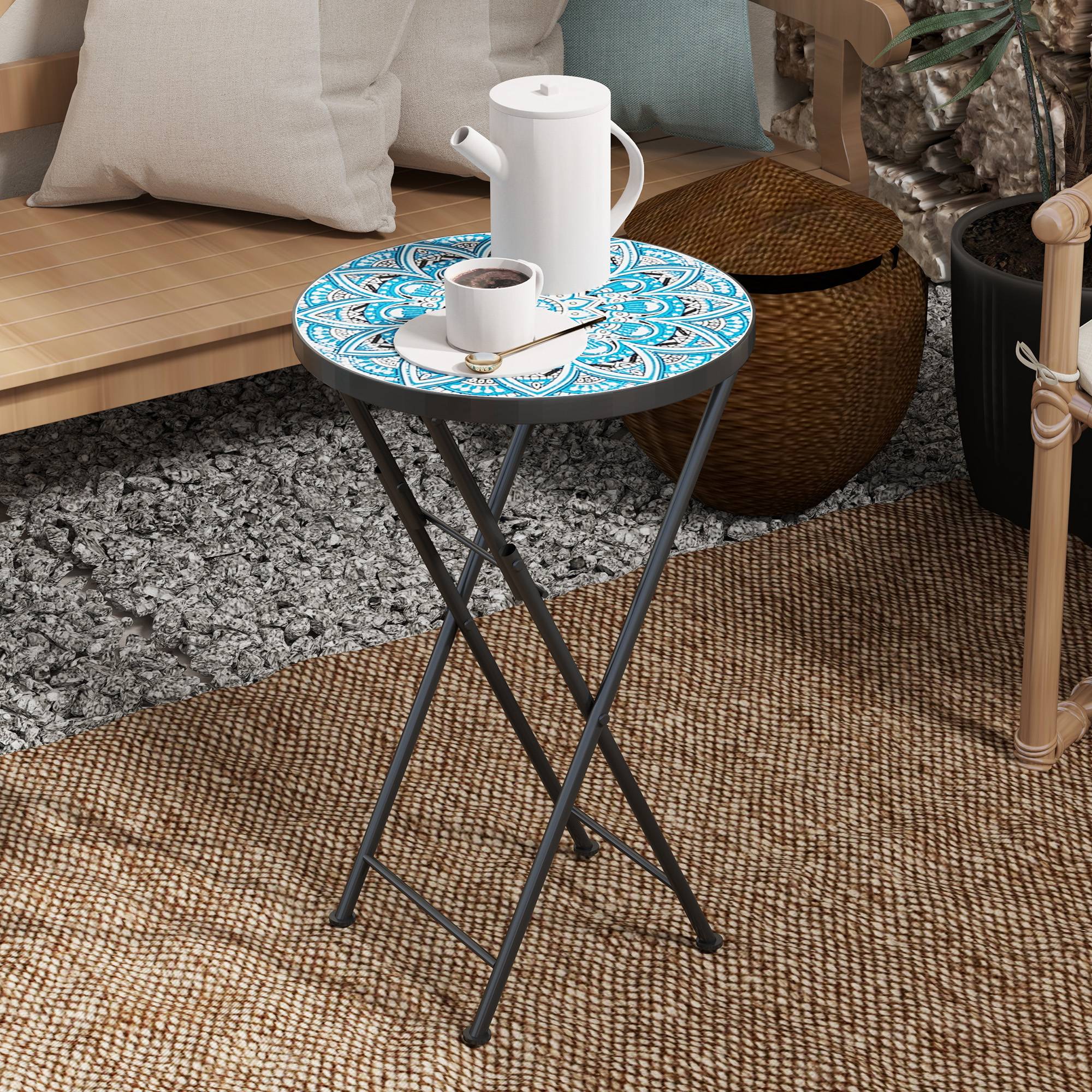 Table d'appoint extérieure métal et céramique bleu 35.5 x 35.5 x 55 cm ...