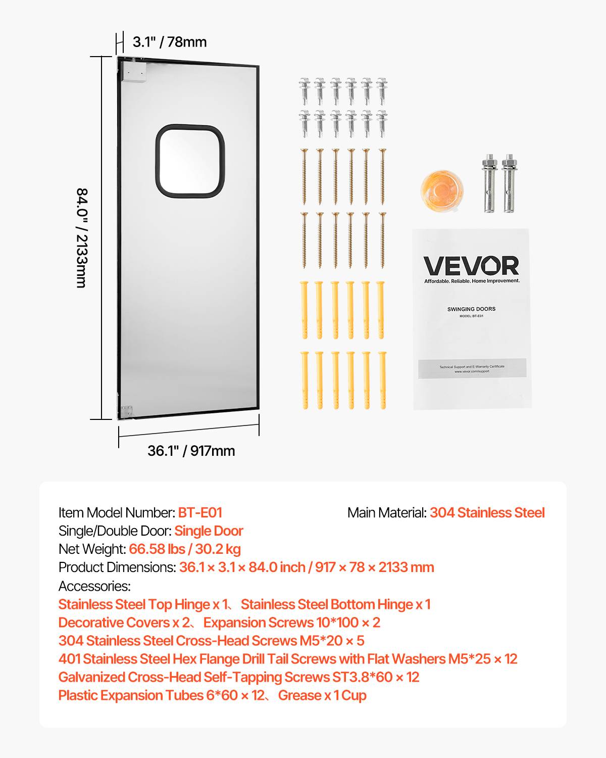 VEVOR Porte battante inox simple panneau, 91x213 cm, trous pré-percés ...