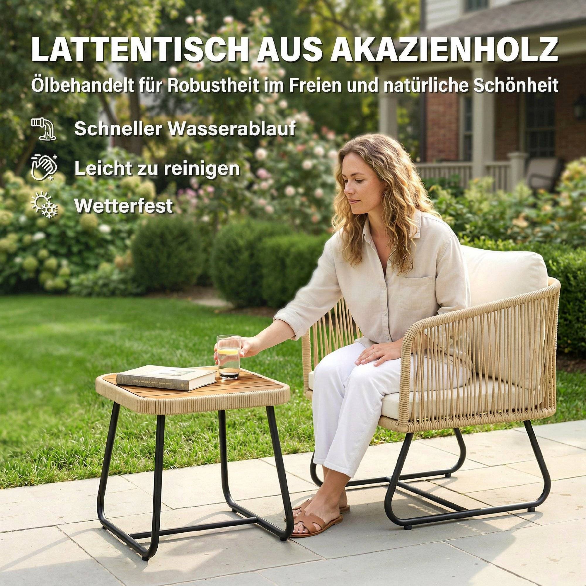 Ensemble bistrot 3 pièces en rotin FSC : 2 fauteuils et table en bois ...