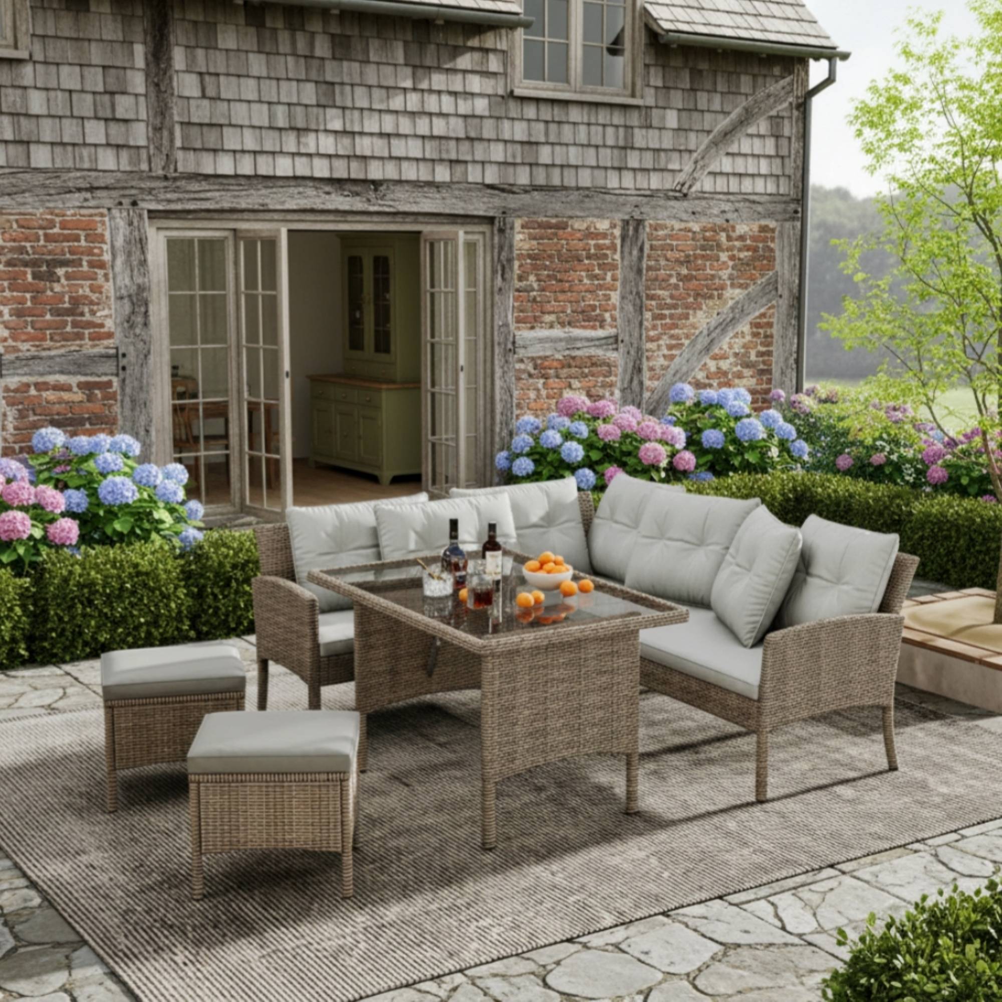 Set mobilier de jardin 7 places avec canapé, table, poufs, et coussins ...