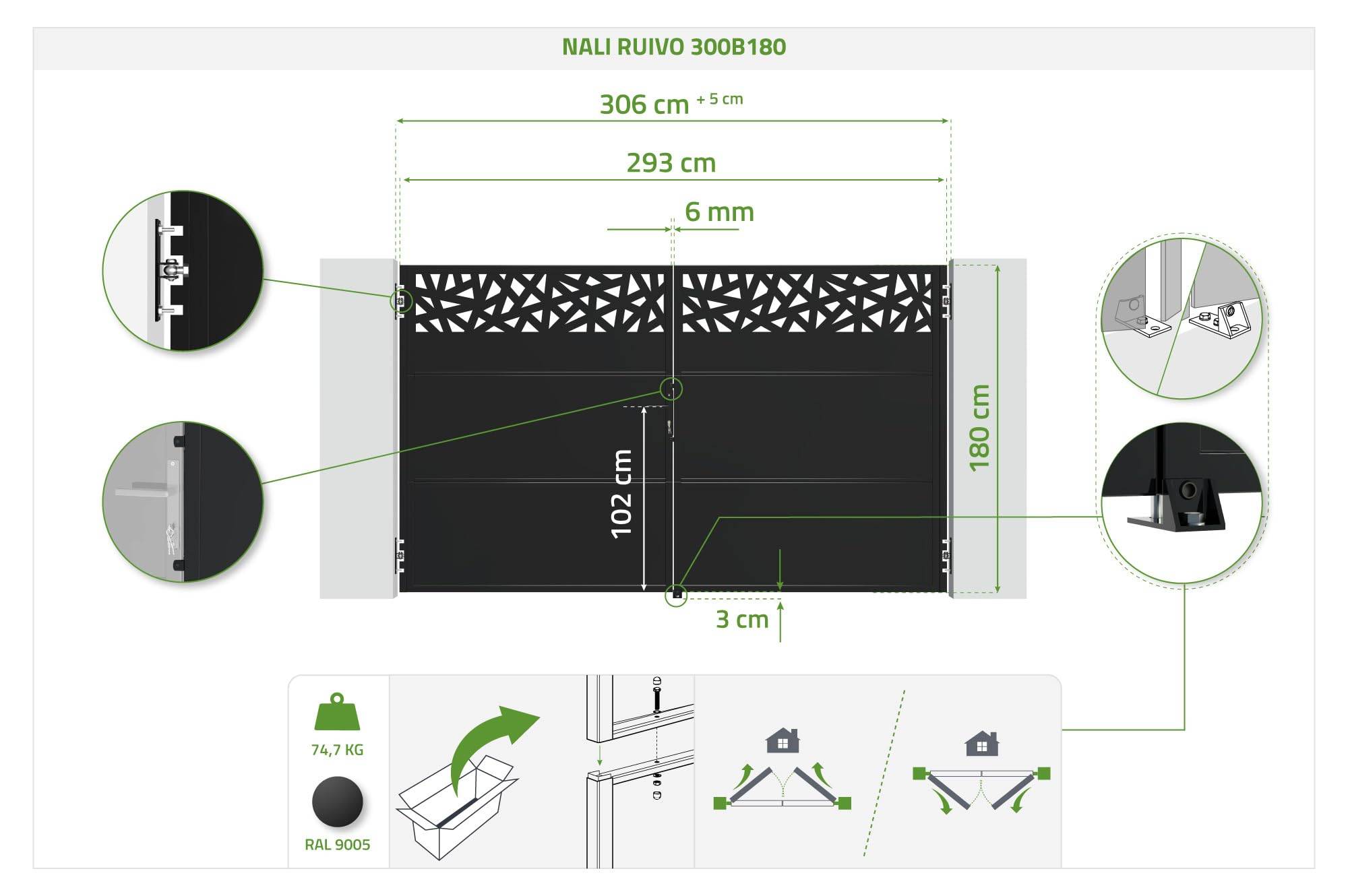 Casanoov Portail battant acier noir mat 3 m NALI RUIVO H.180 cm ...